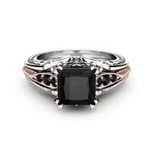 hsiyyecg women color separation square black cz cubic zirconia rose gold hollow design vintage floral wedding engagement ring (us size 9)