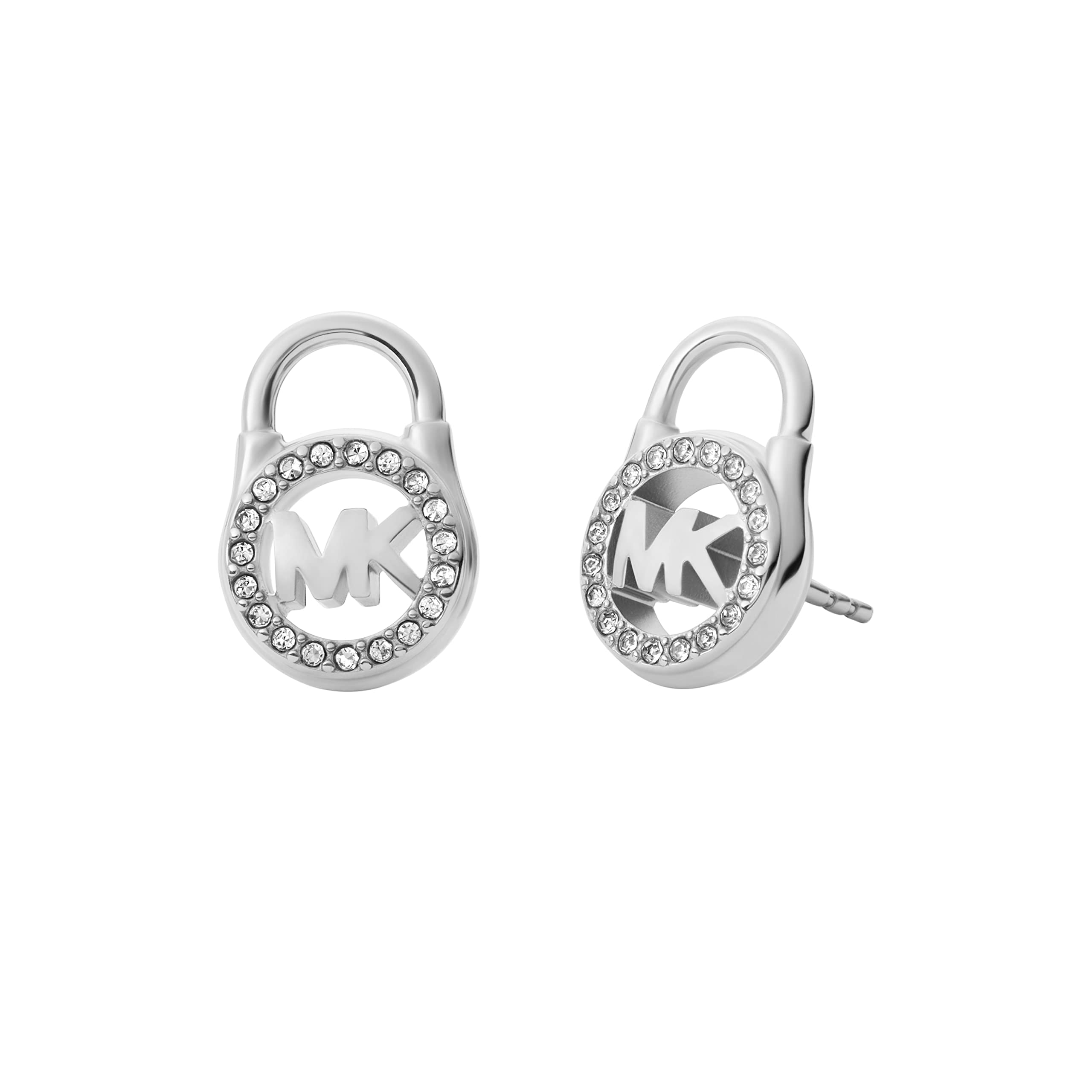 Michael Kors Stainless Steel and Pavé Crystal MK Logo Stud Earrings for Women, Color: Silver (Model: MKJ7411040)