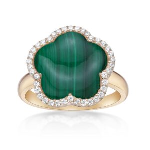 lavari jewelers five petal flower ring for women - classy green malachite & cubic zirconia in 925 sterling silver - hypoallergenic yellow gold plated - anniversary ring size 6