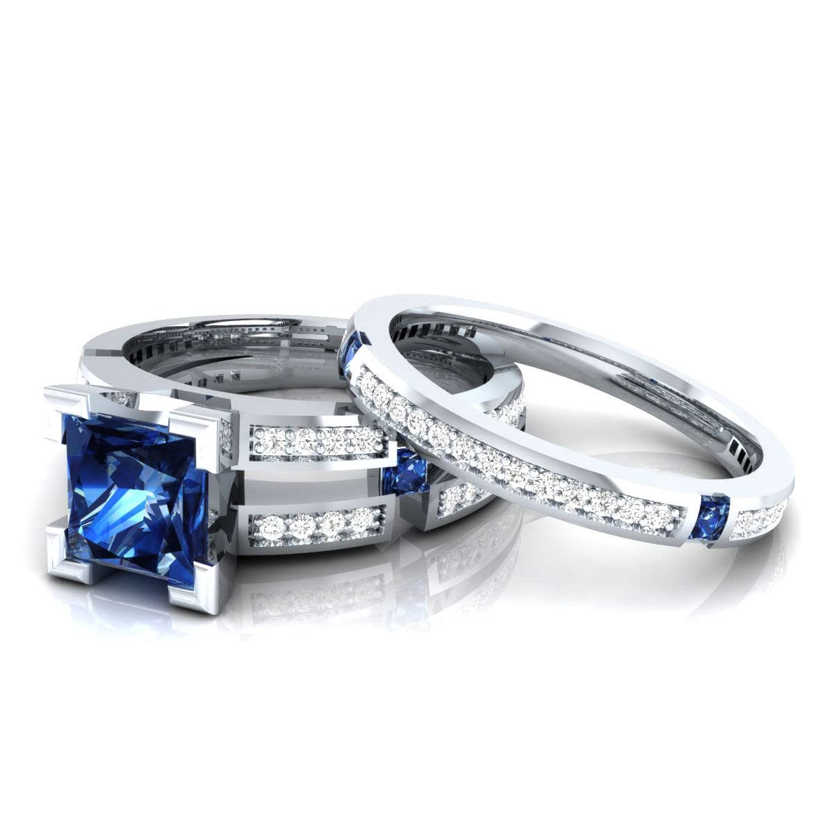 IDEALJEWEL95 2.60 ct Blue & White Sapphire Sterling Silver Bridal Set Ring Sizable Engagement Ring/Wedding/Valentines