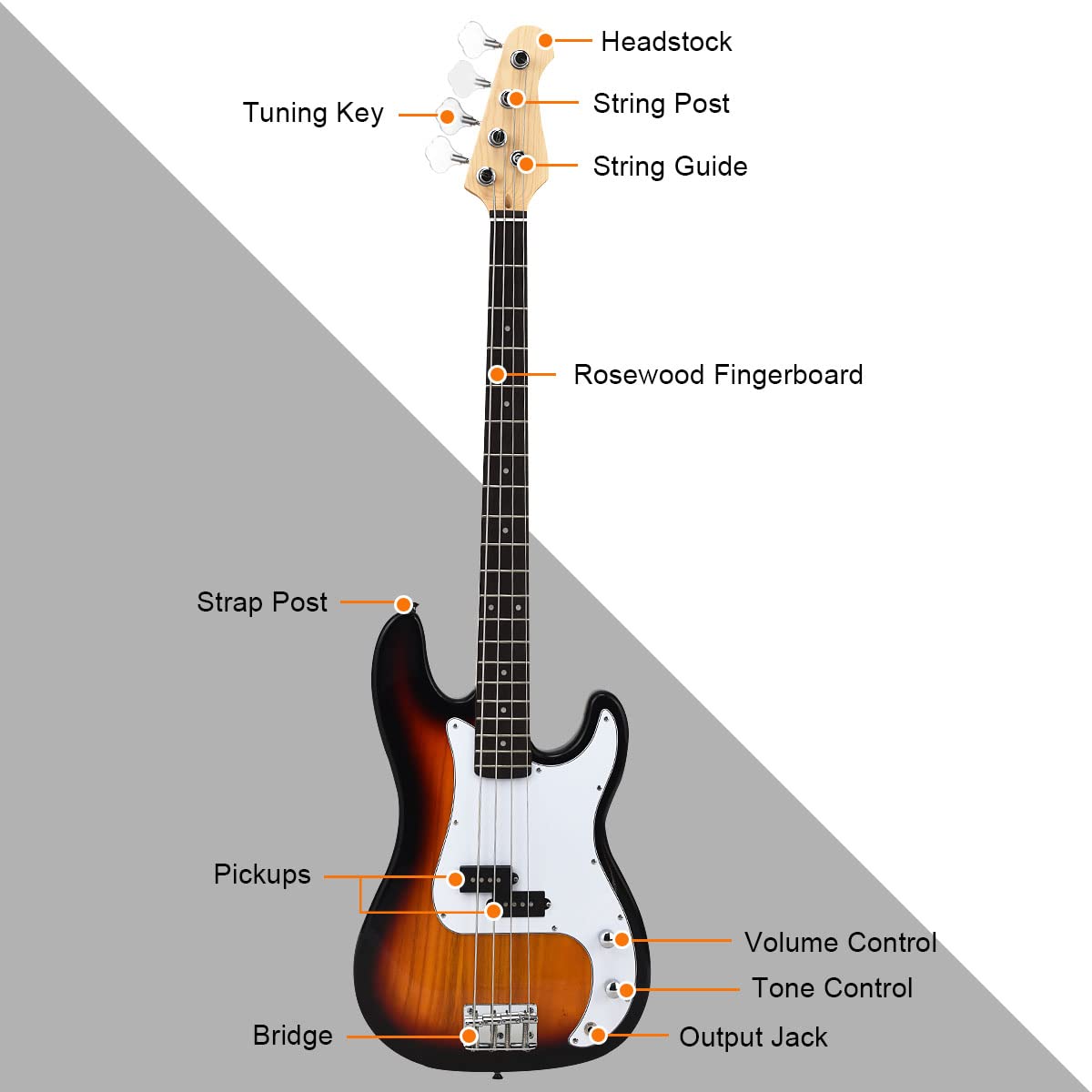 Goplus Full Size 4 String Electric Bass Guitar with Strap Guitar Bag Amp Cord (Sunburst Bass 4 Straps)