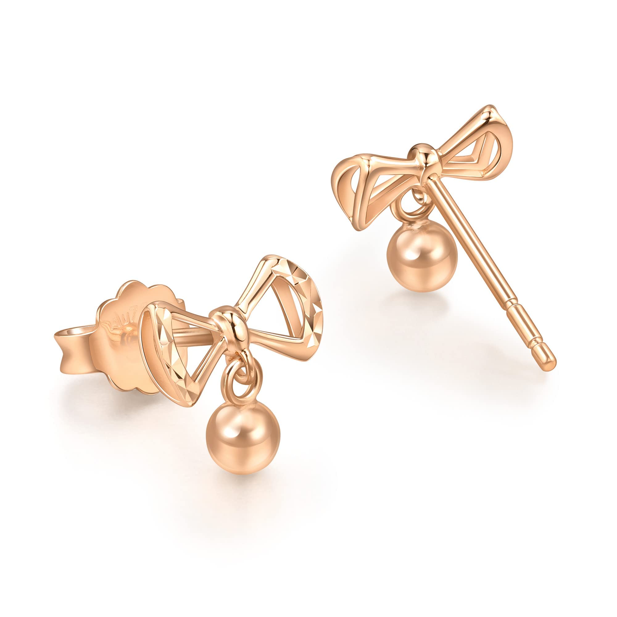 CHOW SANG SANG Delicate Gold 18K Rose Gold Ribbon with Beads Stud Earrings for Women 92795E