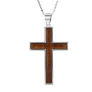 aloha jewelry company sterling silver koa wood traditional cross necklace pendant with 18" box chain (small)