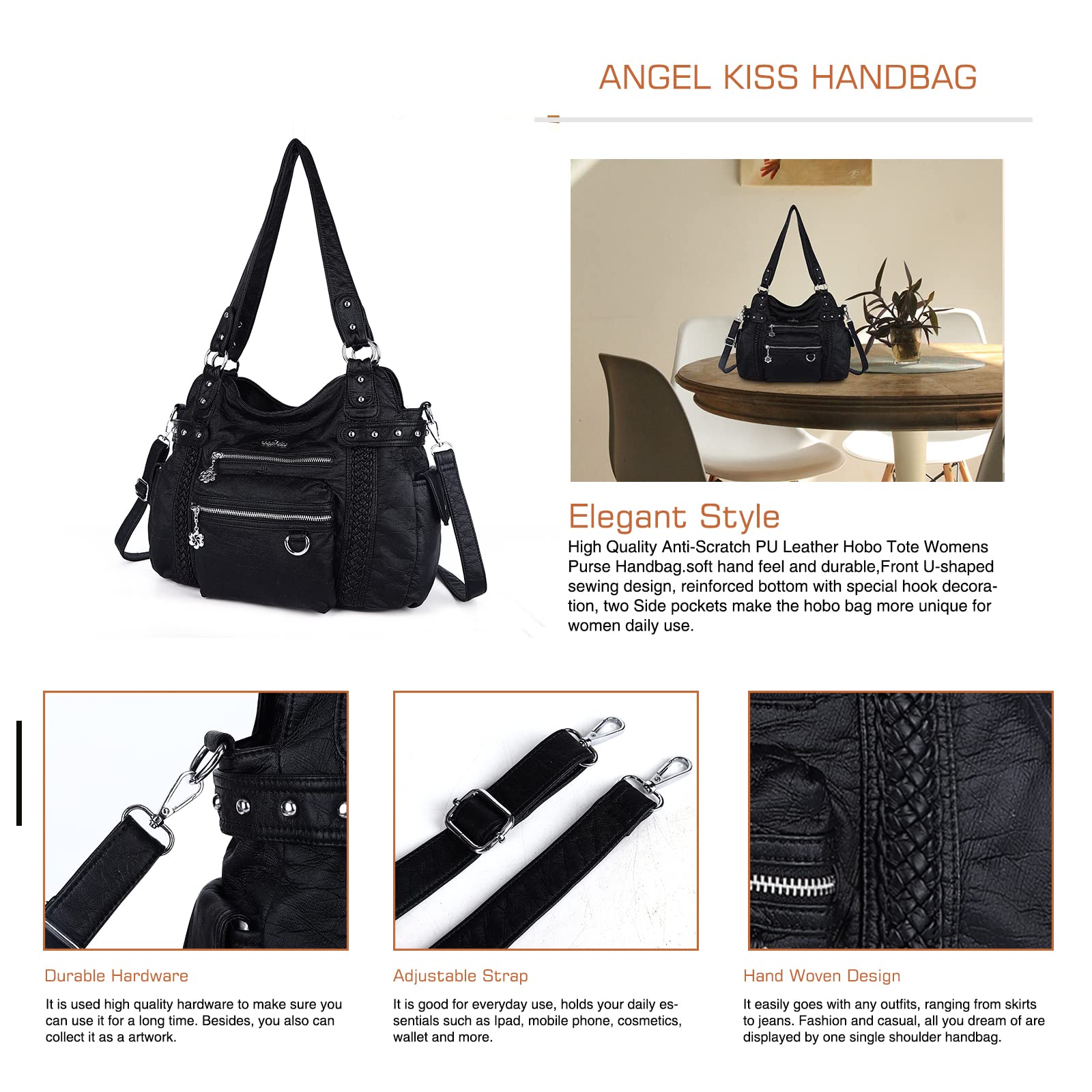 Angel Kiss Hobo Handbags for Women Soft PU Leather Shoulder Handbags Ladies Purses Black