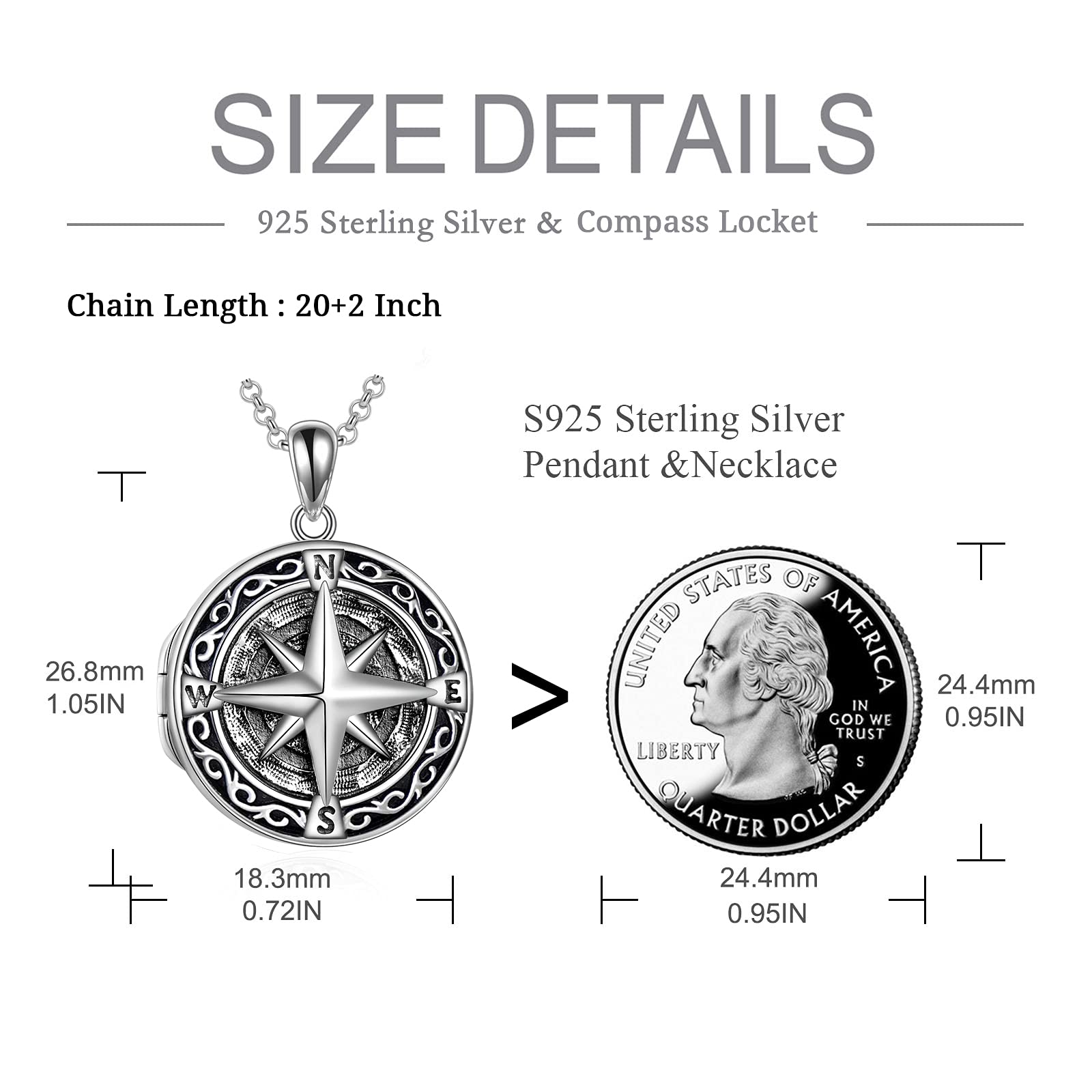 SHEAISRS Compass Locket Necklace for Men Graduation Gifts Photo Locket Necklace Women Son Father 20+2inch