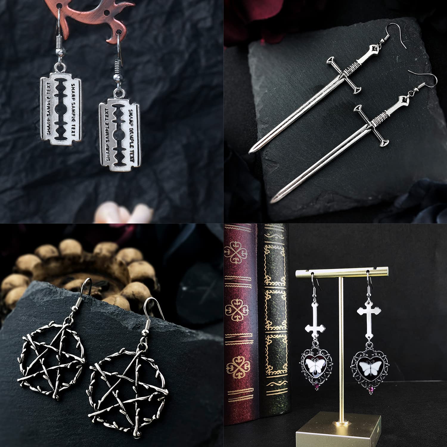 COGU 12 Pairs Gothic Punk Vintage Earrings Set Grunge Goth Punk Rock Harajuku Emo Jewelry Silver Bat Cross Snake Pentagram Sword Razor Blade Skeleton Raven Skull Evil Eye Vampire Death Halloween Earrings for Women with Delicate Gift Box