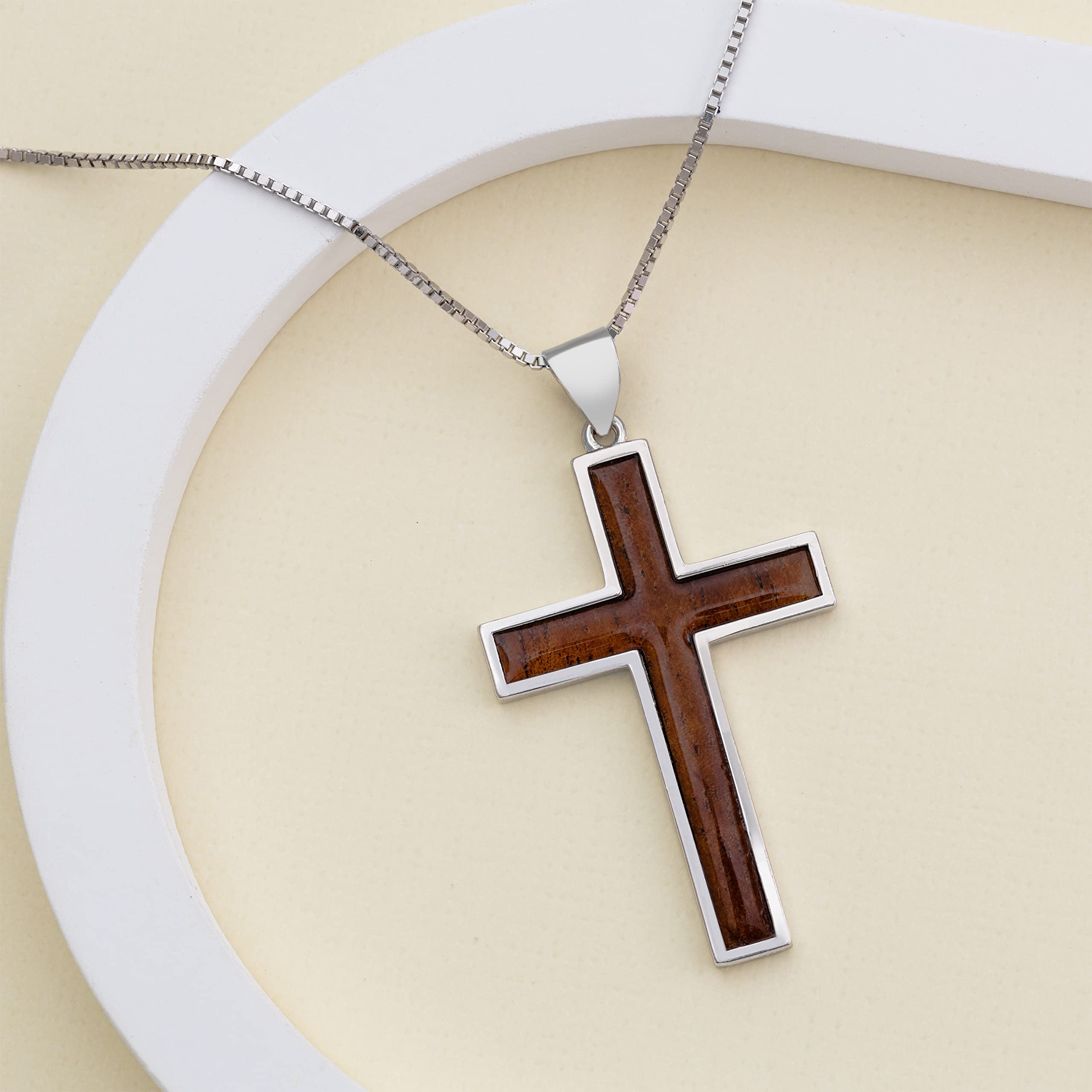 Aloha Jewelry Company Sterling Silver Koa Wood Traditional Cross Necklace Pendant with 18" Box Chain (Small)