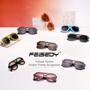 FEISEDY Vintage Pilot Sunglasses Double Bridge Women Men Large Square Thick Frame Trendy Eyewear UV400 B2846