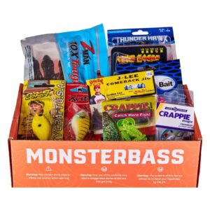 monsterbass fishing kit for bass, crappie, trout, pike, panfish filled with professional fishing tackle items. premium fishing baits to upgrade your bass and panfish tackle