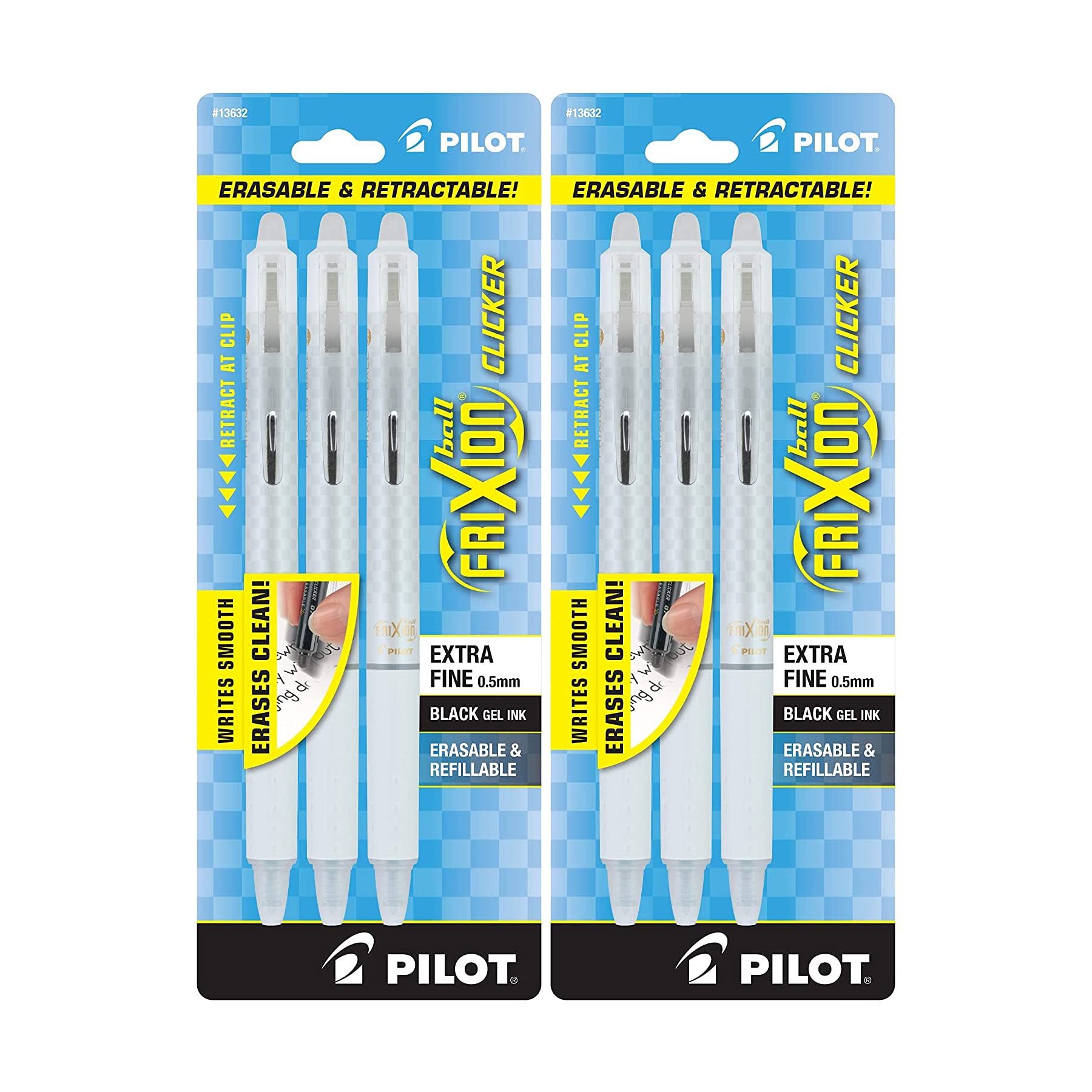 Pilot® FriXion® Ball Clicker Erasable Retractable Gel Pens, Pack of 3, Extra Fine Point, 0.5mm, White Checker Barrel, Black Ink