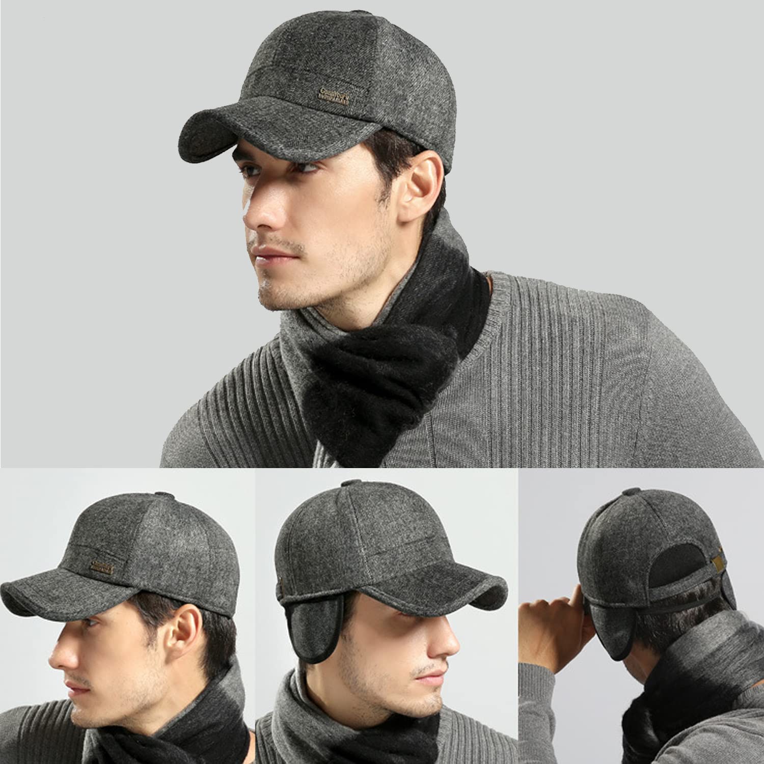 Croogo Men's Winter Warm Baseball Cap with Earflap Everyday Premium Dad Golf Hat Adjustable Polo Style Curved Brim,Gray-GSDT4