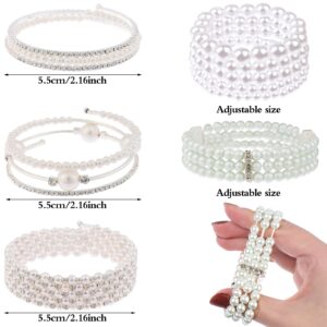 Beupy 9 Pcs Faux Pearl Bracelet 3-Row Pearl Stretch Bracelet Multilayer Pearl Elastic Bangle Vintage Wedding Bridal Bridesmaid White