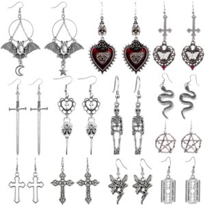 cogu 12 pairs gothic punk vintage earrings set grunge goth punk rock harajuku emo jewelry silver bat cross snake pentagram sword razor blade skeleton raven skull evil eye vampire death halloween earrings for women with delicate gift box