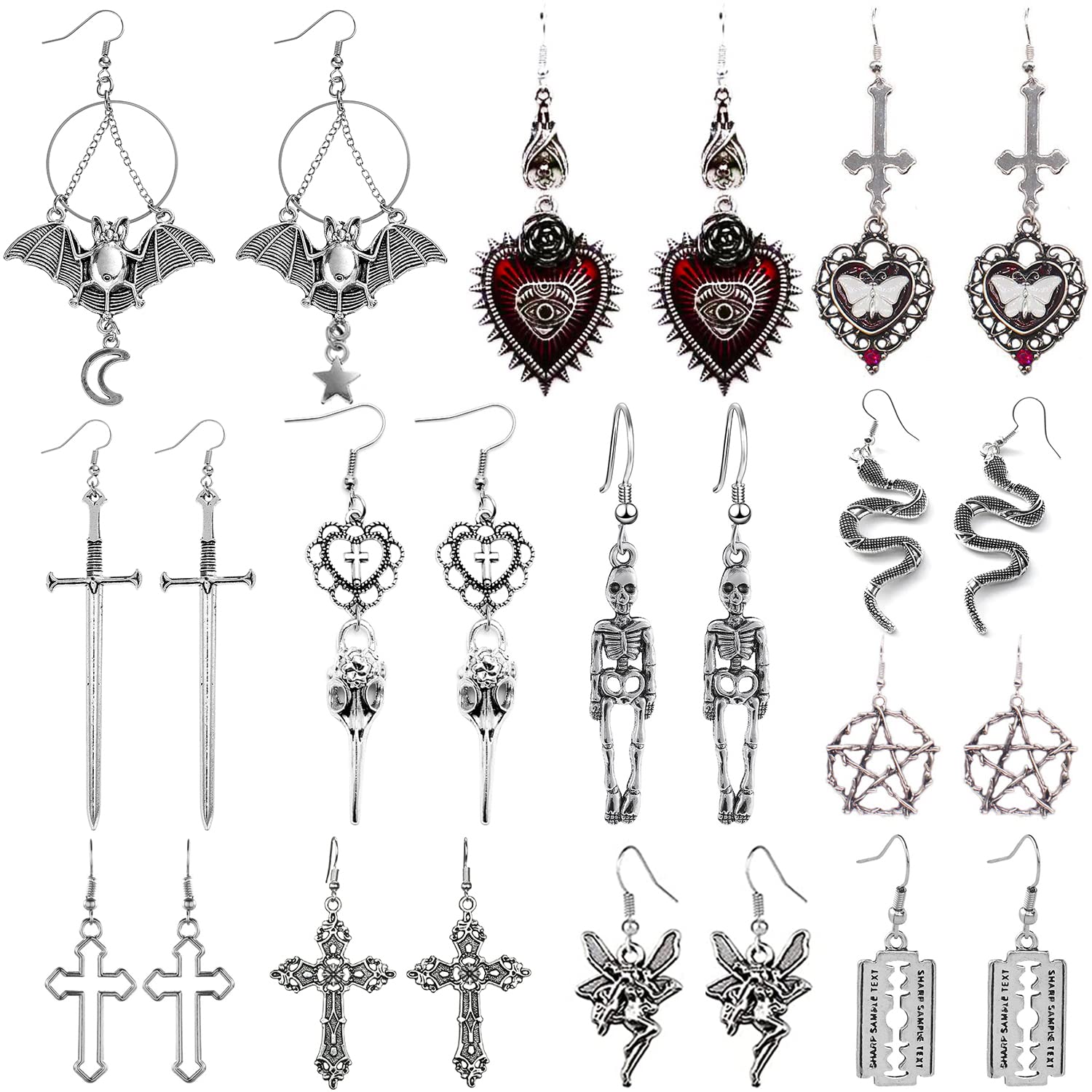 COGU 12 Pairs Gothic Punk Vintage Earrings Set Grunge Goth Punk Rock Harajuku Emo Jewelry Silver Bat Cross Snake Pentagram Sword Razor Blade Skeleton Raven Skull Evil Eye Vampire Death Halloween Earrings for Women with Delicate Gift Box