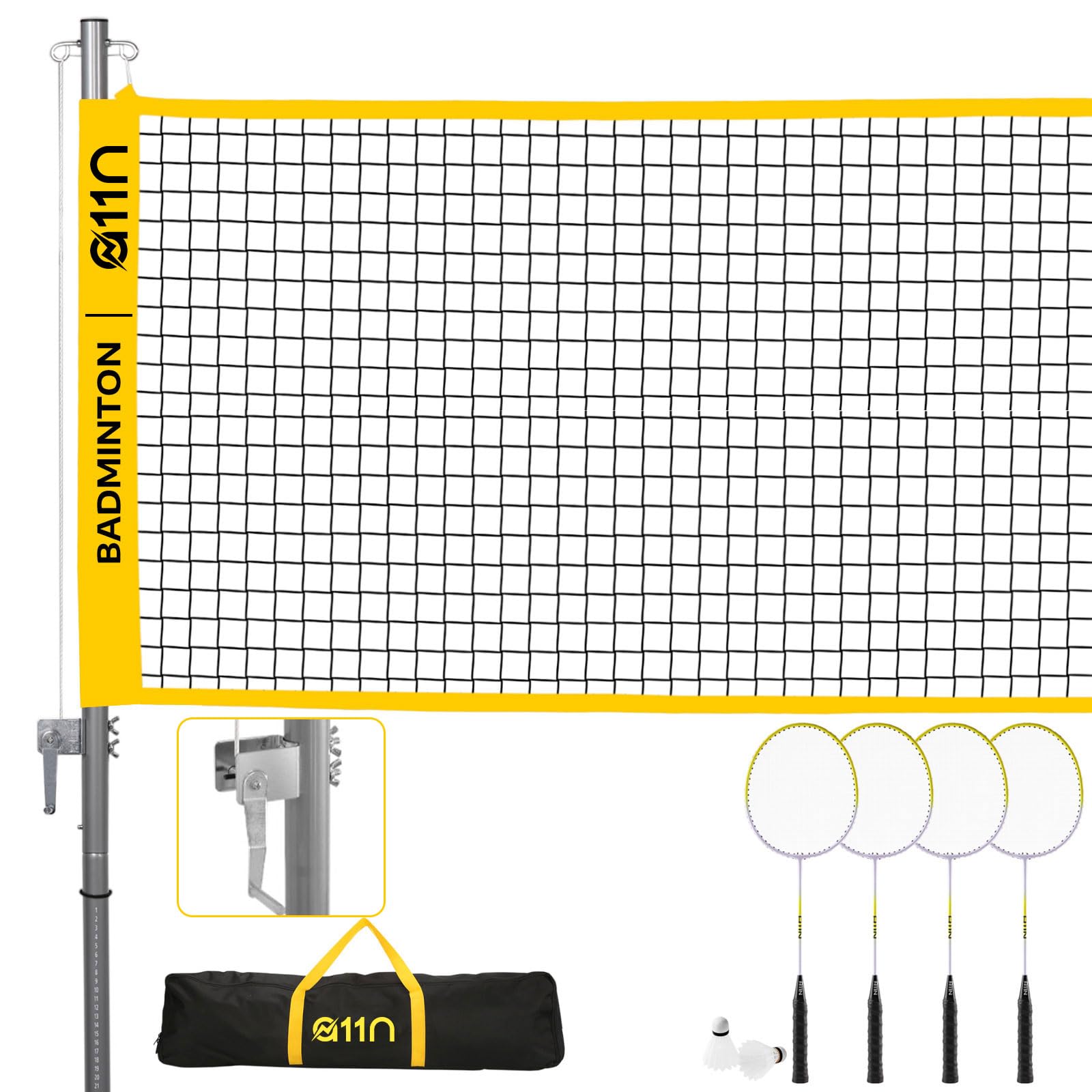 A11N Outdoor Badminton Set - Includes Anti-Sag Net, 4 Rackets, 2 Shuttlecocks, and Carrying Bag - for Backyard, Beach, and Park