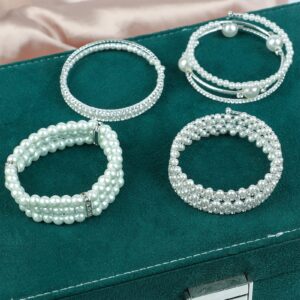 Beupy 9 Pcs Faux Pearl Bracelet 3-Row Pearl Stretch Bracelet Multilayer Pearl Elastic Bangle Vintage Wedding Bridal Bridesmaid White