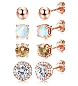 dochais 4 pairs earrings for women cubic zirconia stud earrings set 18k gold plated hypoallergenic 4 prong cz round opal ball stud tragus cartilage ear jewelry