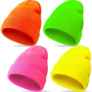 jenpen neon beanie hat slouchy beanie cap unisex knitted winter hat ski plain beanie cap for men and women (4 pieces), green, yellow, orange and pink, one size