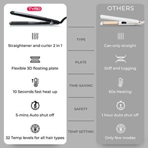 TYMO SWAY Hair Straightener with 10s Fast Heating, 1 Inch Professional Flat Iron Curling Iron in One with 32 Adjustable Temp, Automatic Shut Off, Dual Voltage