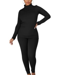 mizoci women's 2 piece outfits workout tracksuit long sleeve turtleneck top legging jogger pants set, x-large, black