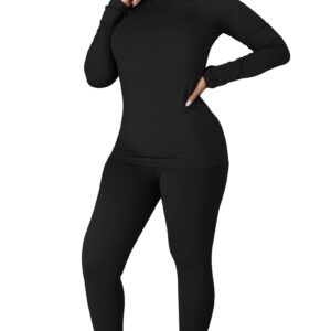 Mizoci Women's 2 Piece Outfits Workout Tracksuit Long Sleeve Turtleneck Top Legging Jogger Pants Set, X-Large, Black