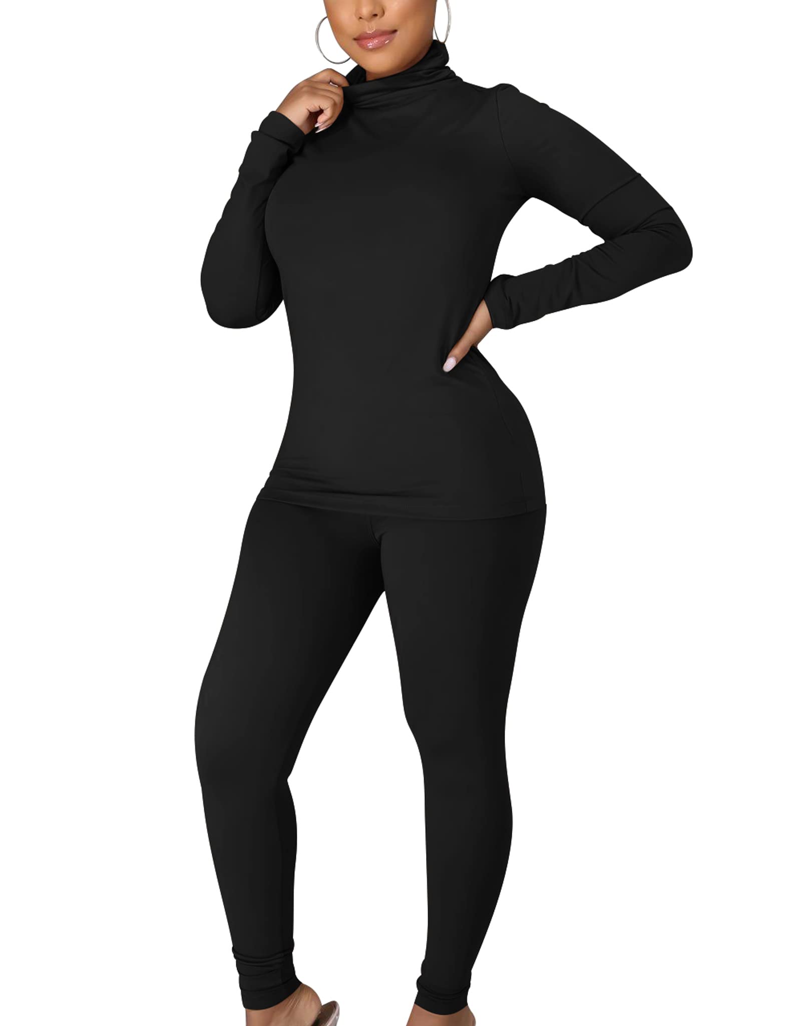 Mizoci Women's 2 Piece Outfits Workout Tracksuit Long Sleeve Turtleneck Top Legging Jogger Pants Set, X-Large, Black