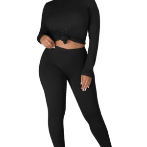 Mizoci Women's 2 Piece Outfits Workout Tracksuit Long Sleeve Turtleneck Top Legging Jogger Pants Set, X-Large, Black