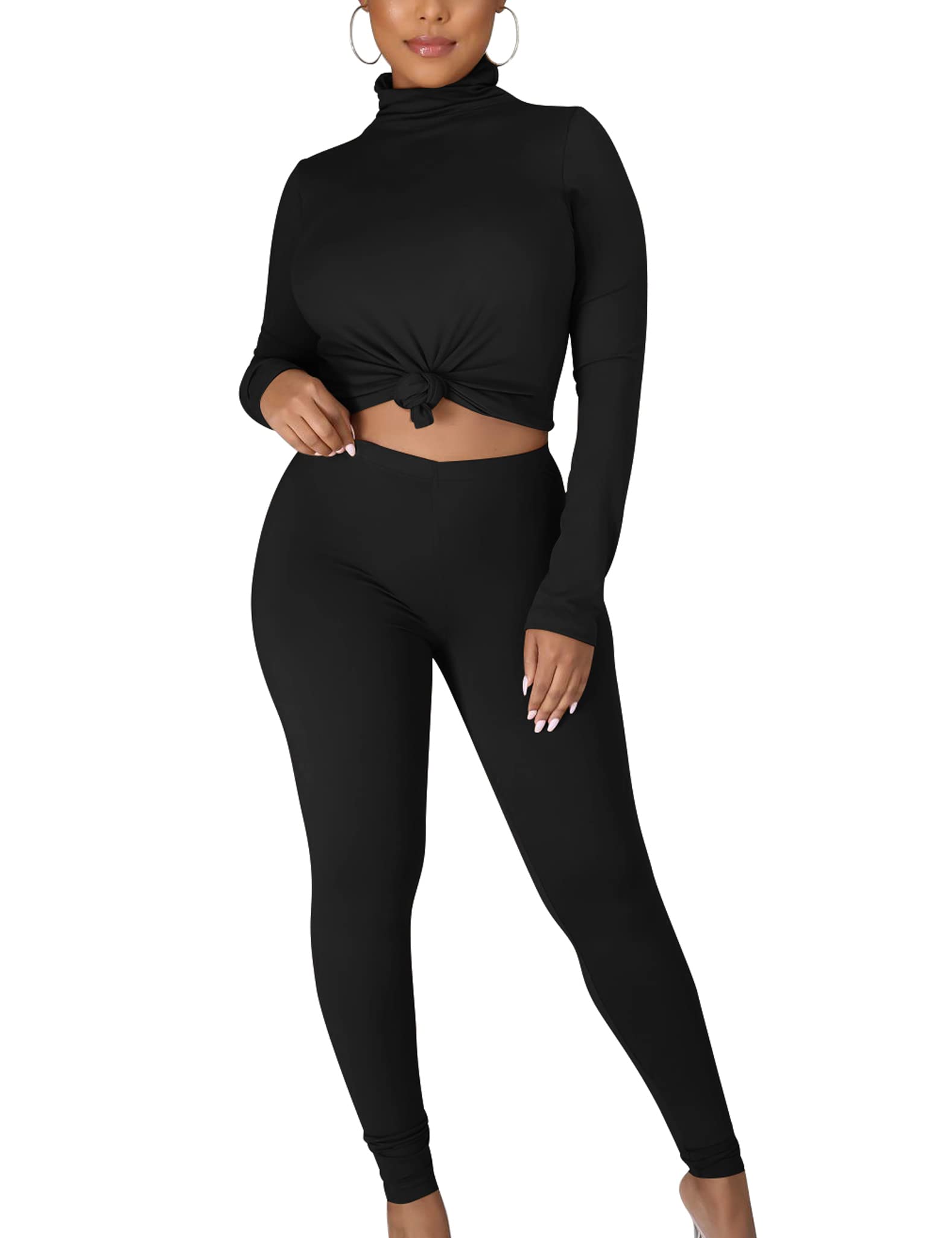 Mizoci Women's 2 Piece Outfits Workout Tracksuit Long Sleeve Turtleneck Top Legging Jogger Pants Set, X-Large, Black