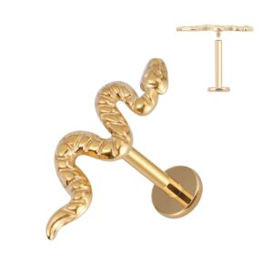 fine4u 16g gold snake piercing jewelry for conch, tragus, helix - astm f136 titanium hypoallergenic cartilage earring, internally threaded nickel free flat back stud