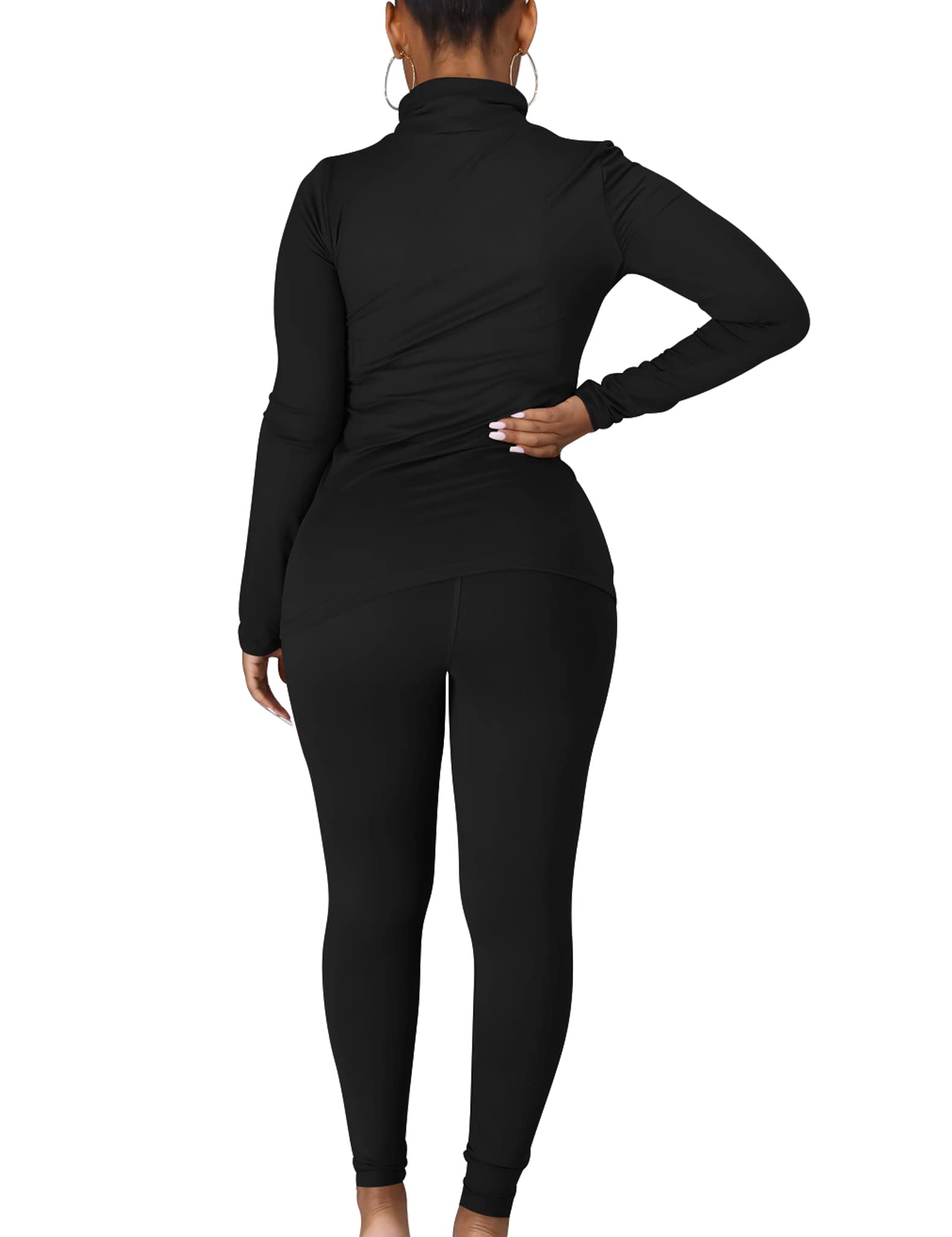 Mizoci Women's 2 Piece Outfits Workout Tracksuit Long Sleeve Turtleneck Top Legging Jogger Pants Set, X-Large, Black