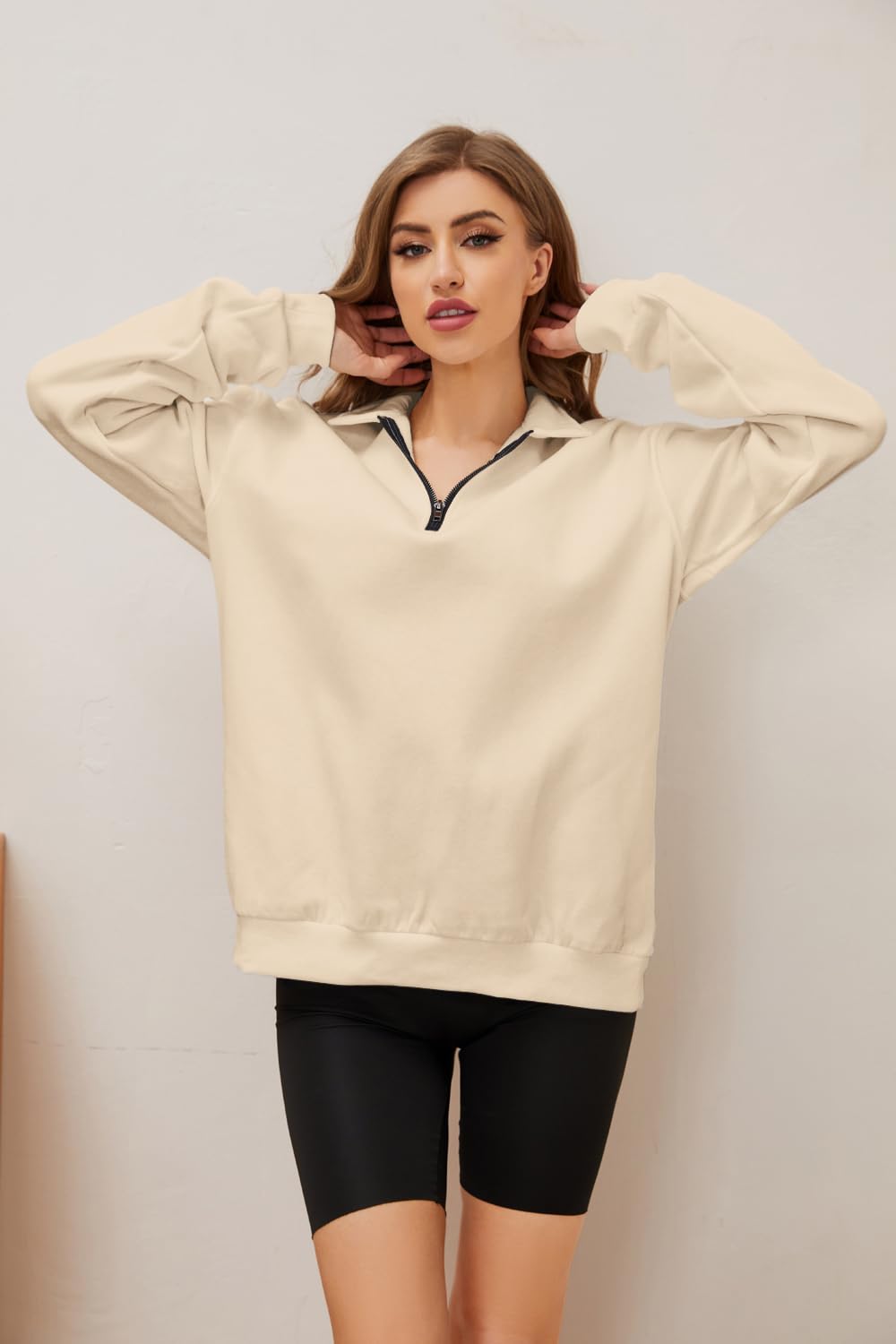 Meladyan Women's Half Zip Sweatshirt Oversized Long Sleeve Collar Drop Shoulder Solid 1 / 4 Zipper Pullover Coat, Apricot, Medium