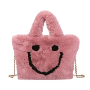 sun stamen ladies plush smiley face handbag buckle shoulder bag, cute soft lady chain bag, party little girl christmas gift (pink)