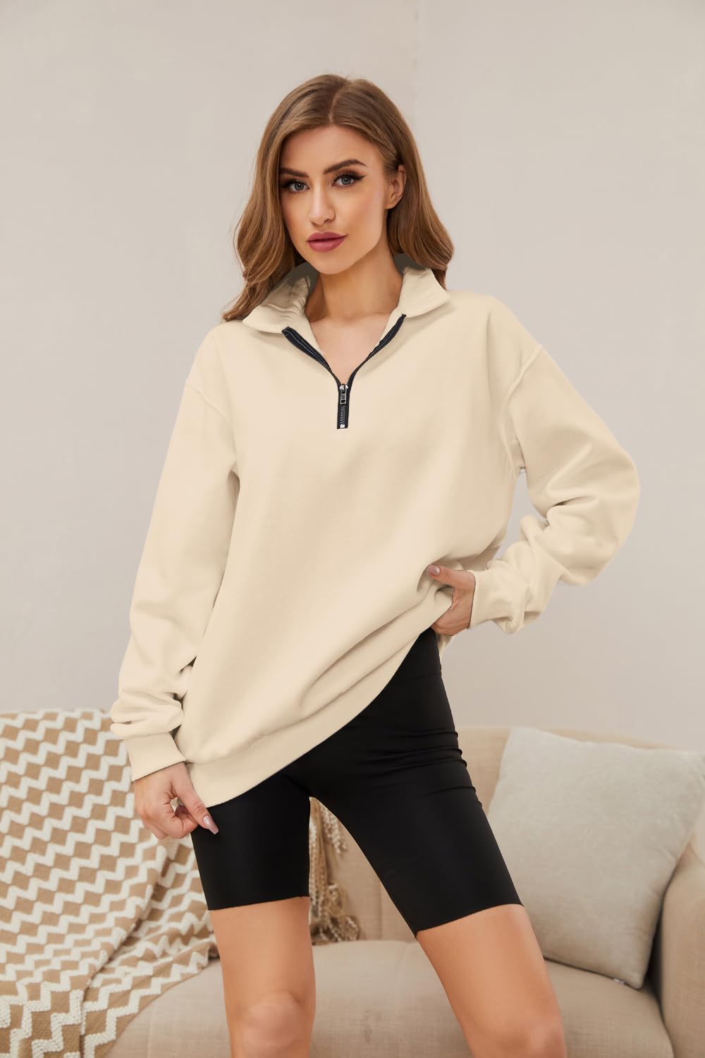 Meladyan Women's Half Zip Sweatshirt Oversized Long Sleeve Collar Drop Shoulder Solid 1 / 4 Zipper Pullover Coat, Apricot, Medium