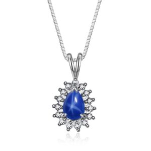 rylos sterling silver halo pendant necklace: 6x4mm tear drop/pear shape blue star sapphire fba & sparkling diamonds - 18" chain exquisite birthstone jewelry