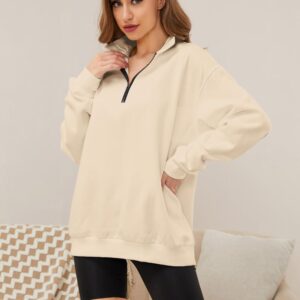 Meladyan Women's Half Zip Sweatshirt Oversized Long Sleeve Collar Drop Shoulder Solid 1 / 4 Zipper Pullover Coat, Apricot, Medium