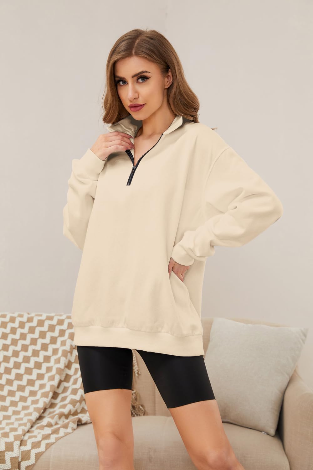 Meladyan Women's Half Zip Sweatshirt Oversized Long Sleeve Collar Drop Shoulder Solid 1 / 4 Zipper Pullover Coat, Apricot, Medium