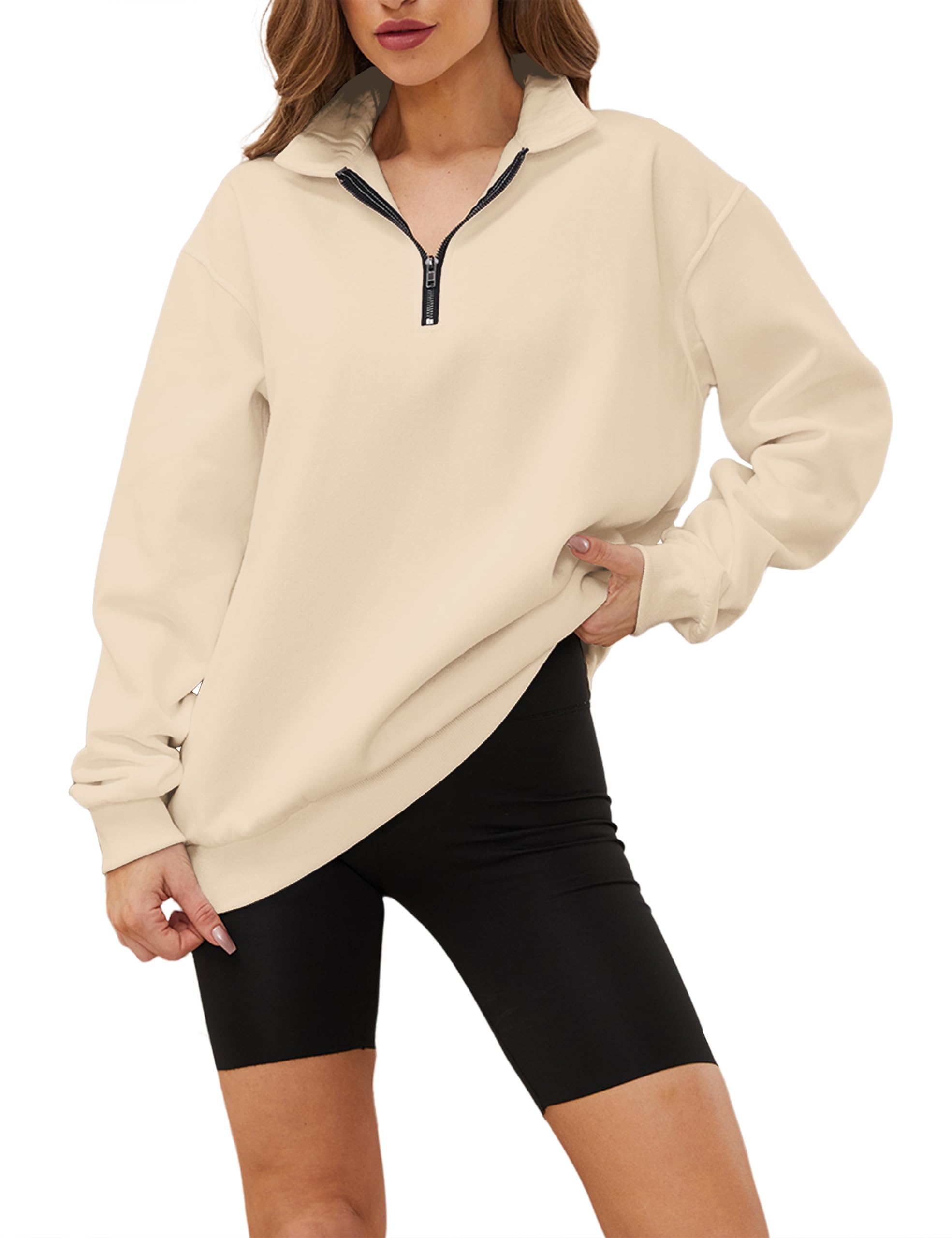 Meladyan Women's Half Zip Sweatshirt Oversized Long Sleeve Collar Drop Shoulder Solid 1 / 4 Zipper Pullover Coat, Apricot, Medium