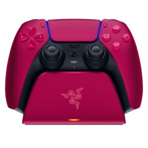 razer quick charging stand for playstation 5: quick charge - curved cradle design - matches ps5 dualsense wireless controller - one-handed navigation - usb powered - red (controller sold separately)