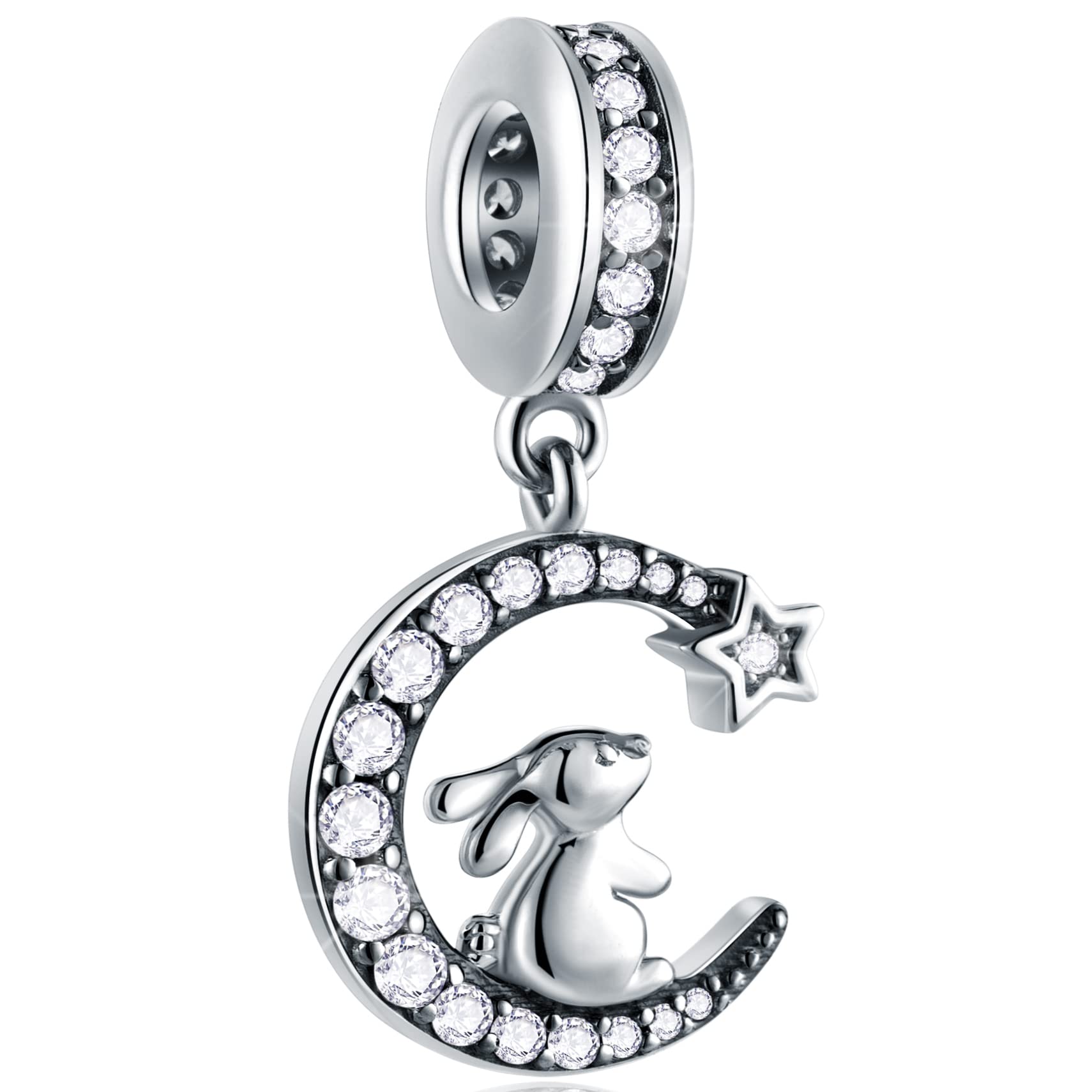 Rabbit on Crescent Moon Pendant Charms, fits Pandora Easter Bracelet, 925 Sterling Silver Bunny Animal Dangle Beads with CZ Moon Star, Gift for Christmas/Birthday/Pet Lover