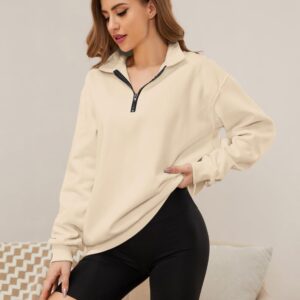 Meladyan Women's Half Zip Sweatshirt Oversized Long Sleeve Collar Drop Shoulder Solid 1 / 4 Zipper Pullover Coat, Apricot, Medium