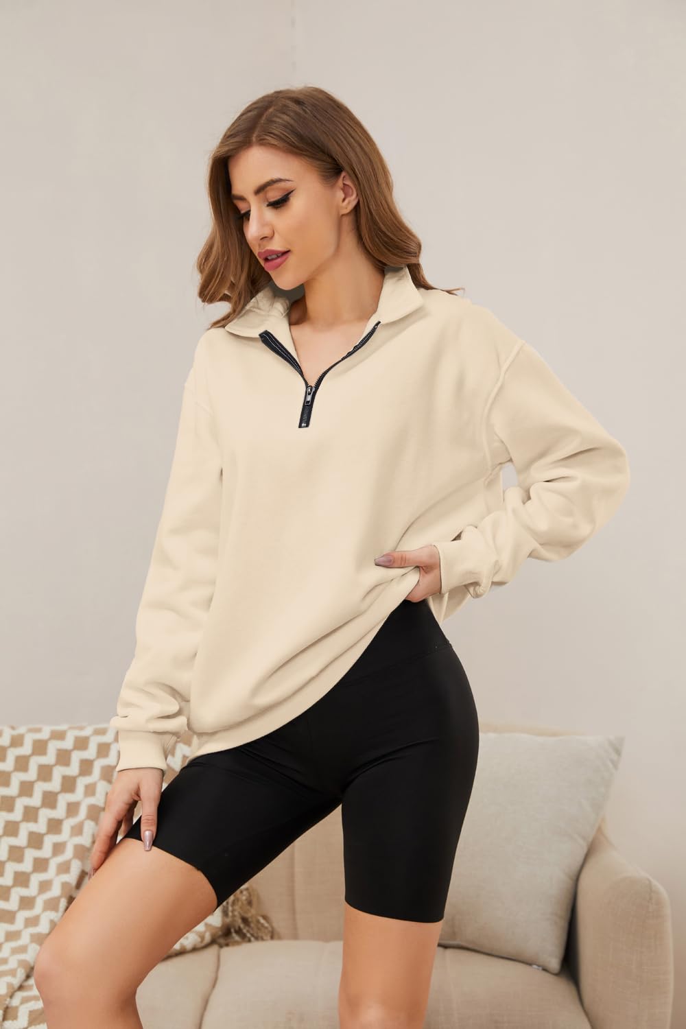 Meladyan Women's Half Zip Sweatshirt Oversized Long Sleeve Collar Drop Shoulder Solid 1 / 4 Zipper Pullover Coat, Apricot, Medium