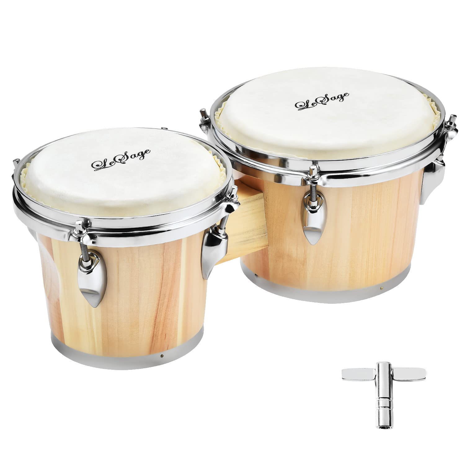 LeSage Bongos Drum for Kids Adults Beginner Bongos 7 in and 8 in Natural Wood Bongo Set Real Skin Drum Head with Tuning Key Bongo Drumset