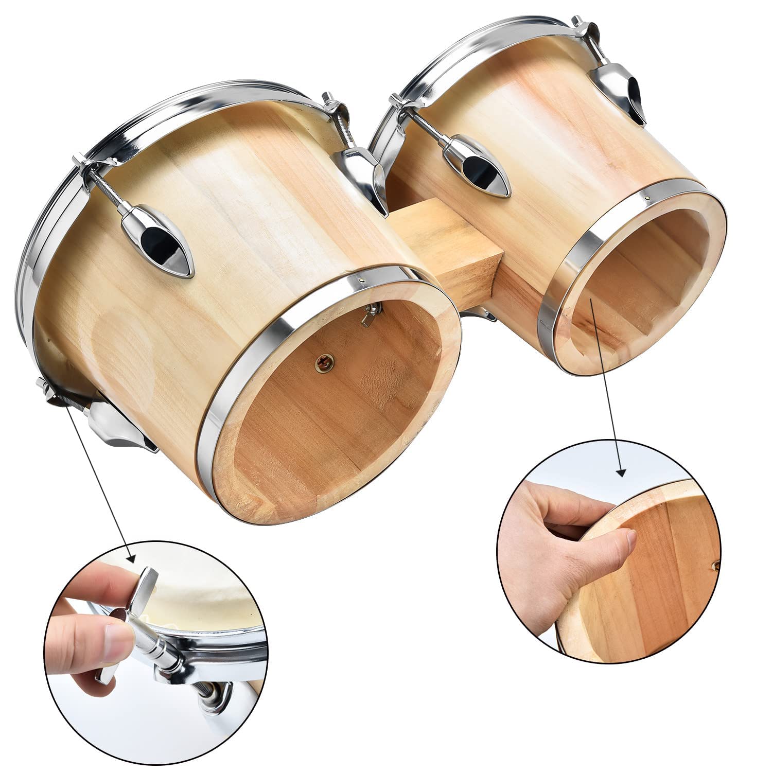 LeSage Bongos Drum for Kids Adults Beginner Bongos 7 in and 8 in Natural Wood Bongo Set Real Skin Drum Head with Tuning Key Bongo Drumset