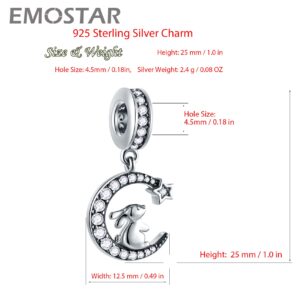 Rabbit on Crescent Moon Pendant Charms, fits Pandora Easter Bracelet, 925 Sterling Silver Bunny Animal Dangle Beads with CZ Moon Star, Gift for Christmas/Birthday/Pet Lover