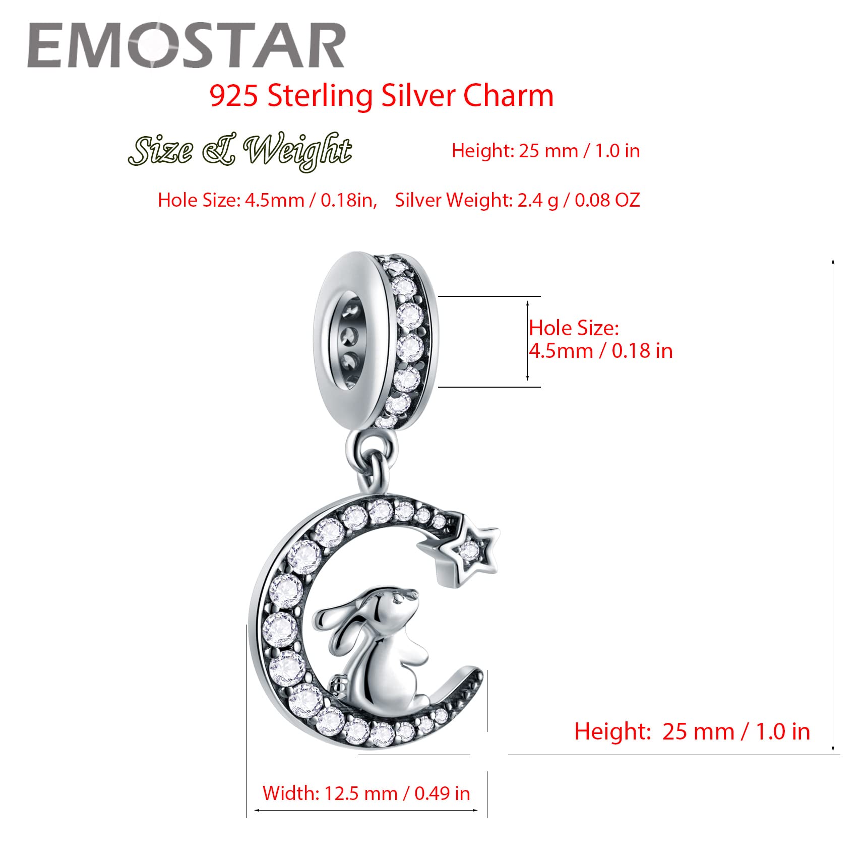 Rabbit on Crescent Moon Pendant Charms, fits Pandora Easter Bracelet, 925 Sterling Silver Bunny Animal Dangle Beads with CZ Moon Star, Gift for Christmas/Birthday/Pet Lover