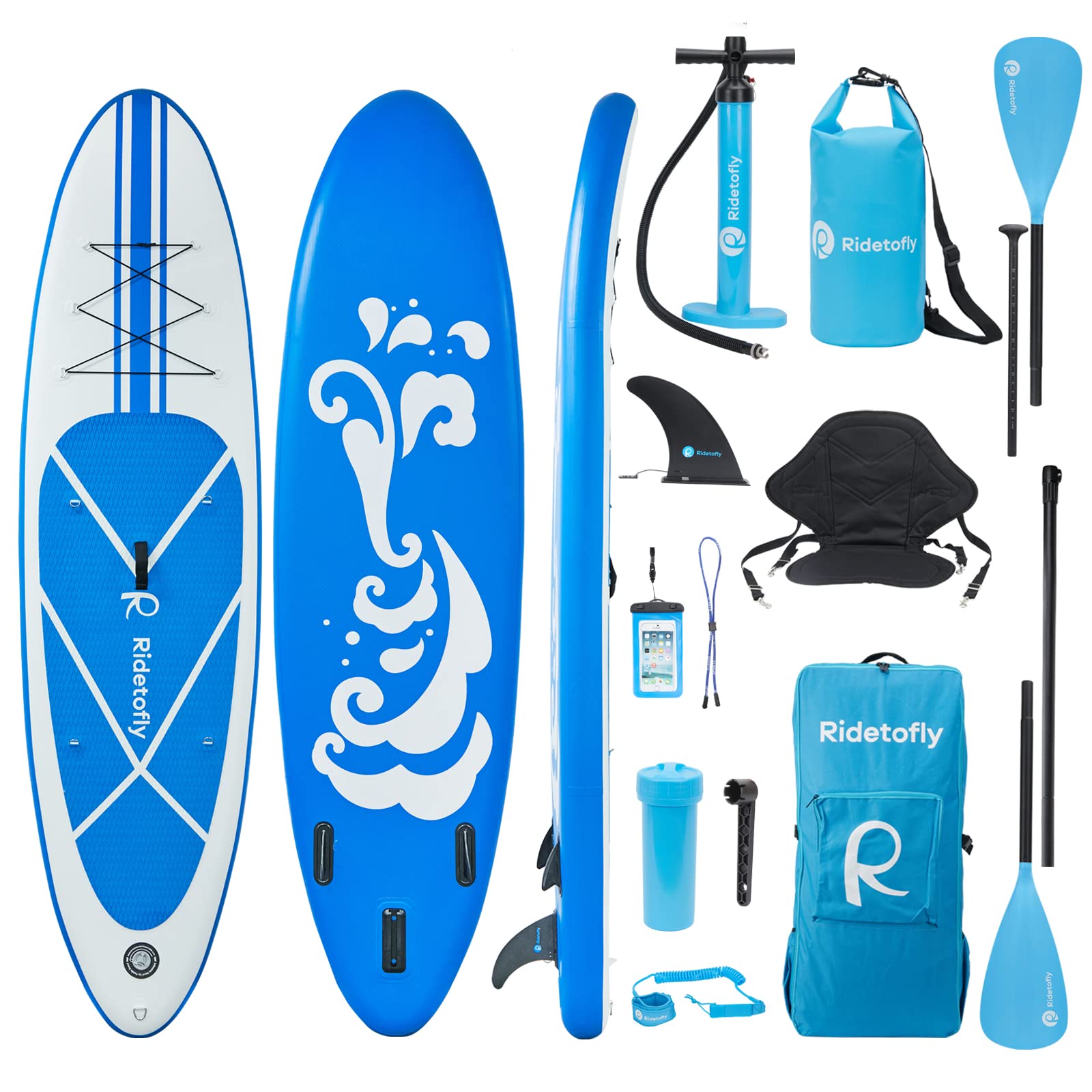 Ridetofly SU01 Stand Up Paddle Board 10.6'x32 x6, Inflatable SUP with 12pcs Accessories, Adjustable Paddles, Detachable Seat, Backpack Pump Fins Included, Paddle Boards for Adults Youth, Up to 330lbs