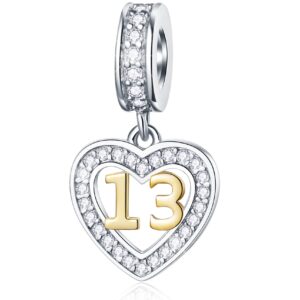 13 years of love birthday charms fits pandora style bracelet, golden number 13, 925 sterling silver heart bead pendant with birthstones cz, 13th milestones gifts for back to school/christmas