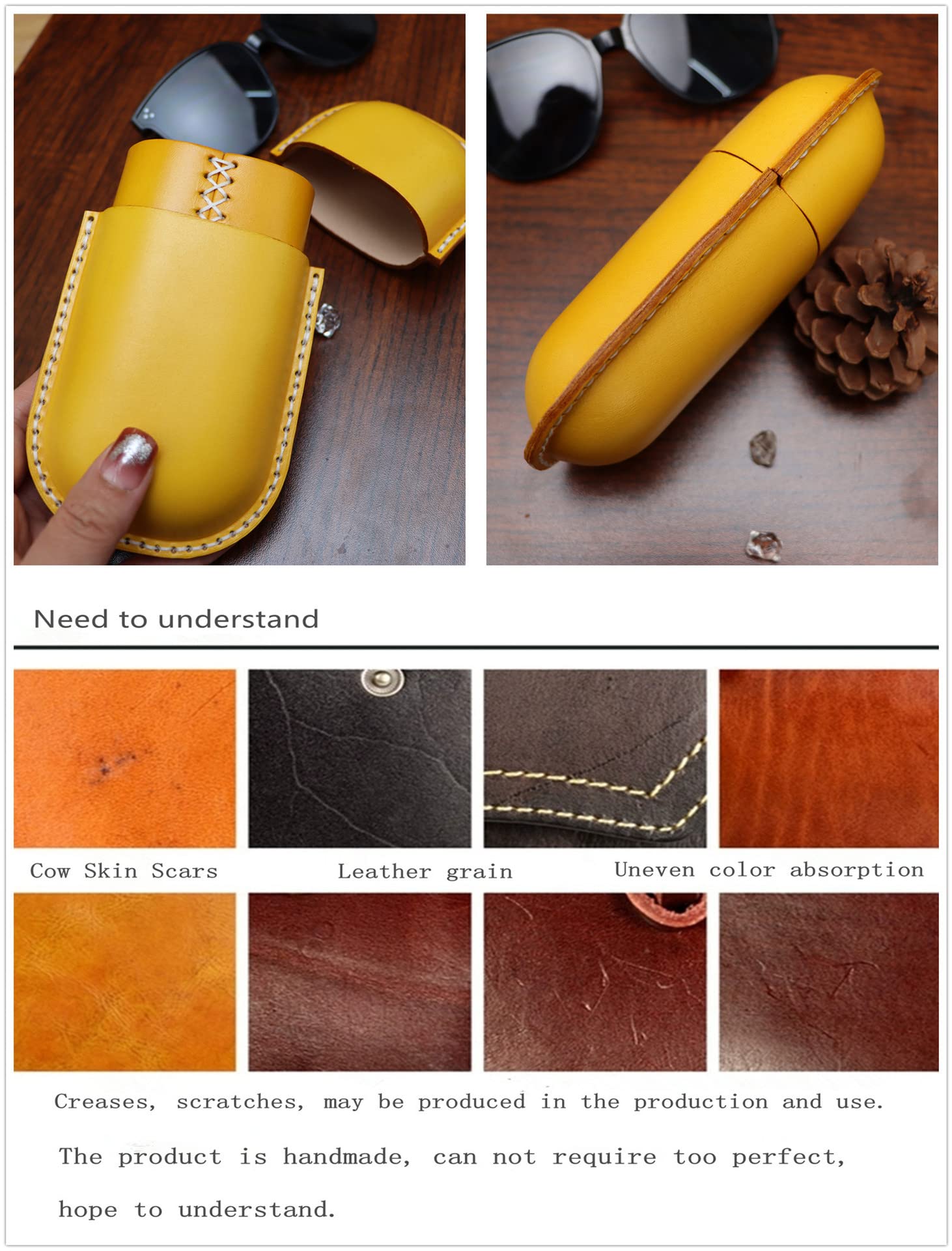 Fanyixuan Leather Glasses Case Cowhide Vintage Men And Women Nearsighted Glasses Sunglasses Travel Anti-Crush Storage Box (Yellow)