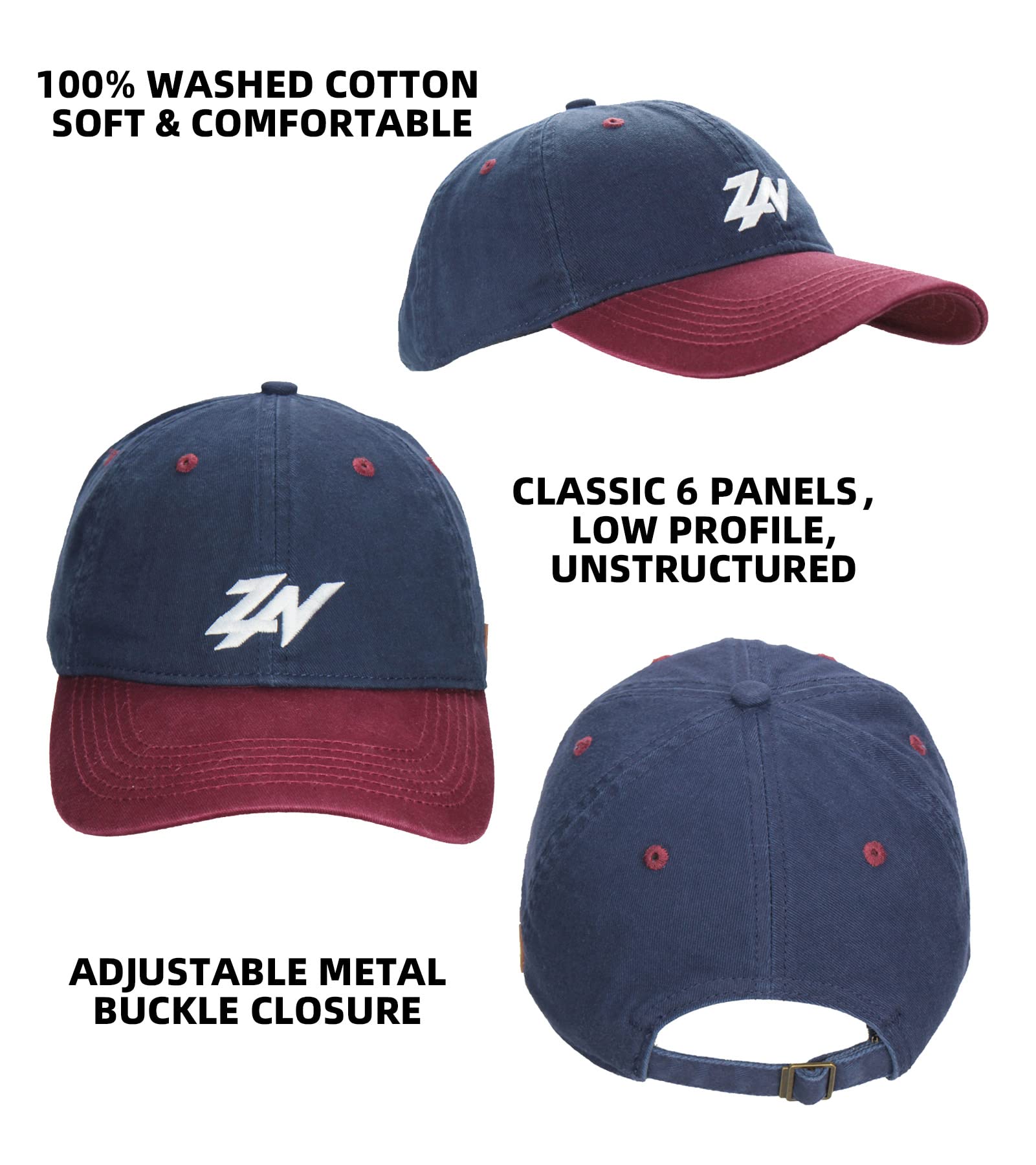 Unisex Vintage Washed Twill Cotton Baseball Cap Soft Unstructured Adjustable Dad Hat (Navy/Garnet)