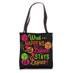 what happens at bunco stays at bunco dice game bunco babe tote bag